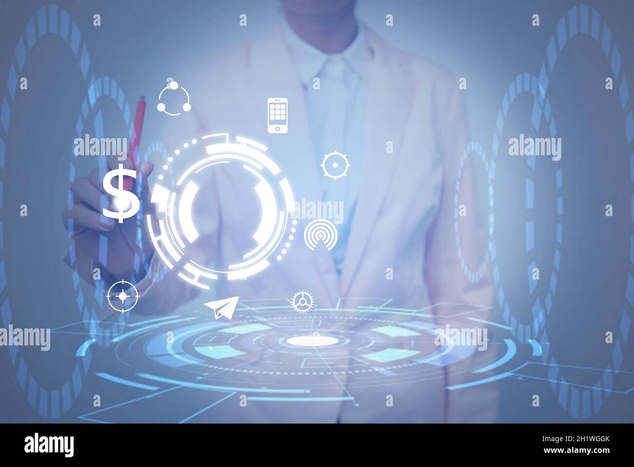 Lady In Uniform Holding Tablet In Hand Virtually Typing Futuristic Tech ...