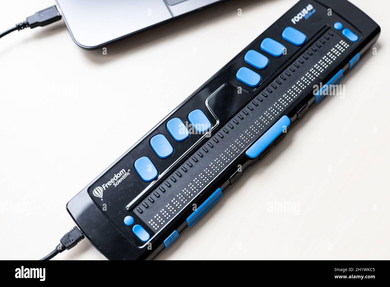 Moscow, Russia - June 5, 2021: top view of Focus 40 Blue Braille ...