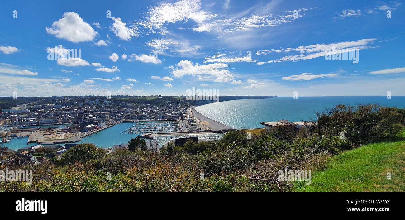 Aerial view of coastal buildings and marina in Fecamp, France Stock ...