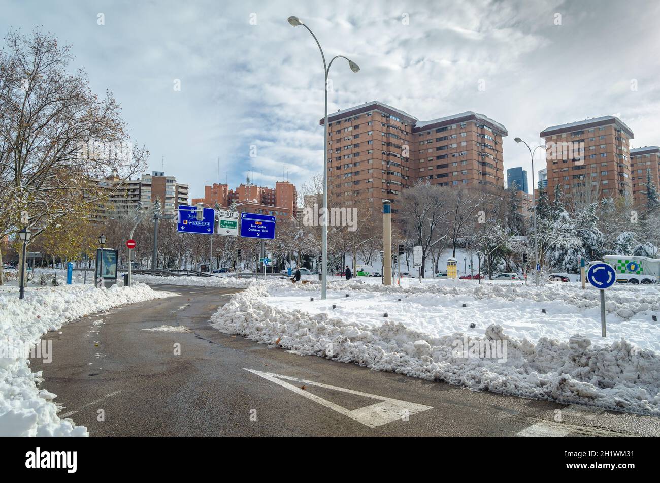 MADRID, SPAIN – JANUARY 10, 2021: Streets of Madrid blanketed with the ...