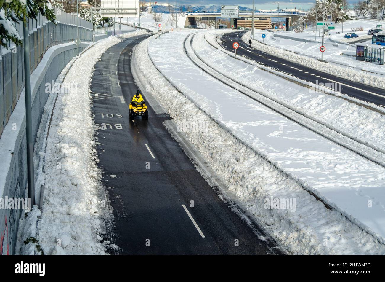 MADRID, SPAIN – JANUARY 10, 2021: Streets of Madrid blanketed with the ...