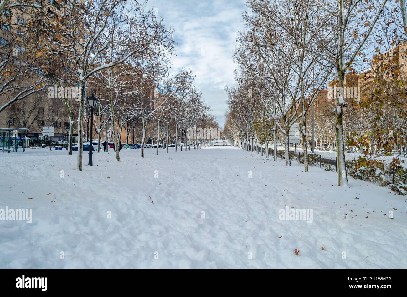 MADRID, SPAIN – JANUARY 10, 2021: Streets of Madrid blanketed with the ...