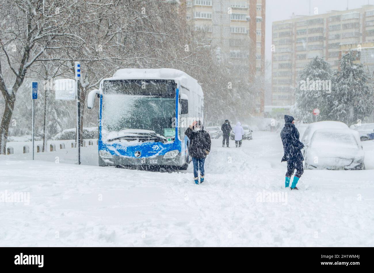 MADRID, SPAIN – JANUARY 9, 2021: Bus stranded due to snow during Storm ... MADRID, SPAIN – JANUARY 9, 2021: Bus stranded due to snow during Storm ...