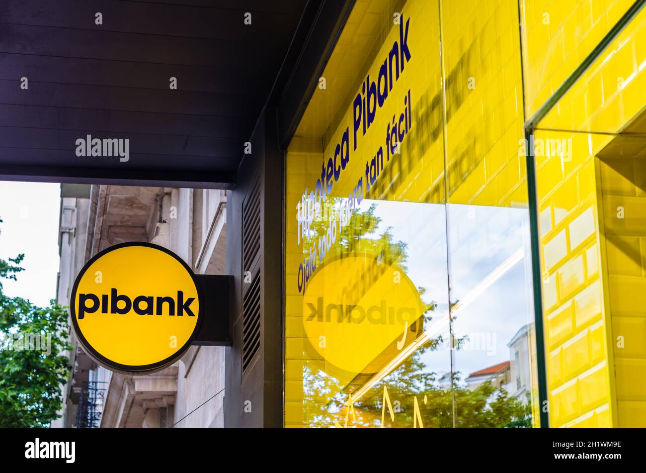 MADRID, SPAIN – MAY 12, 2021: Pibank logo on a bank branch office in ...
