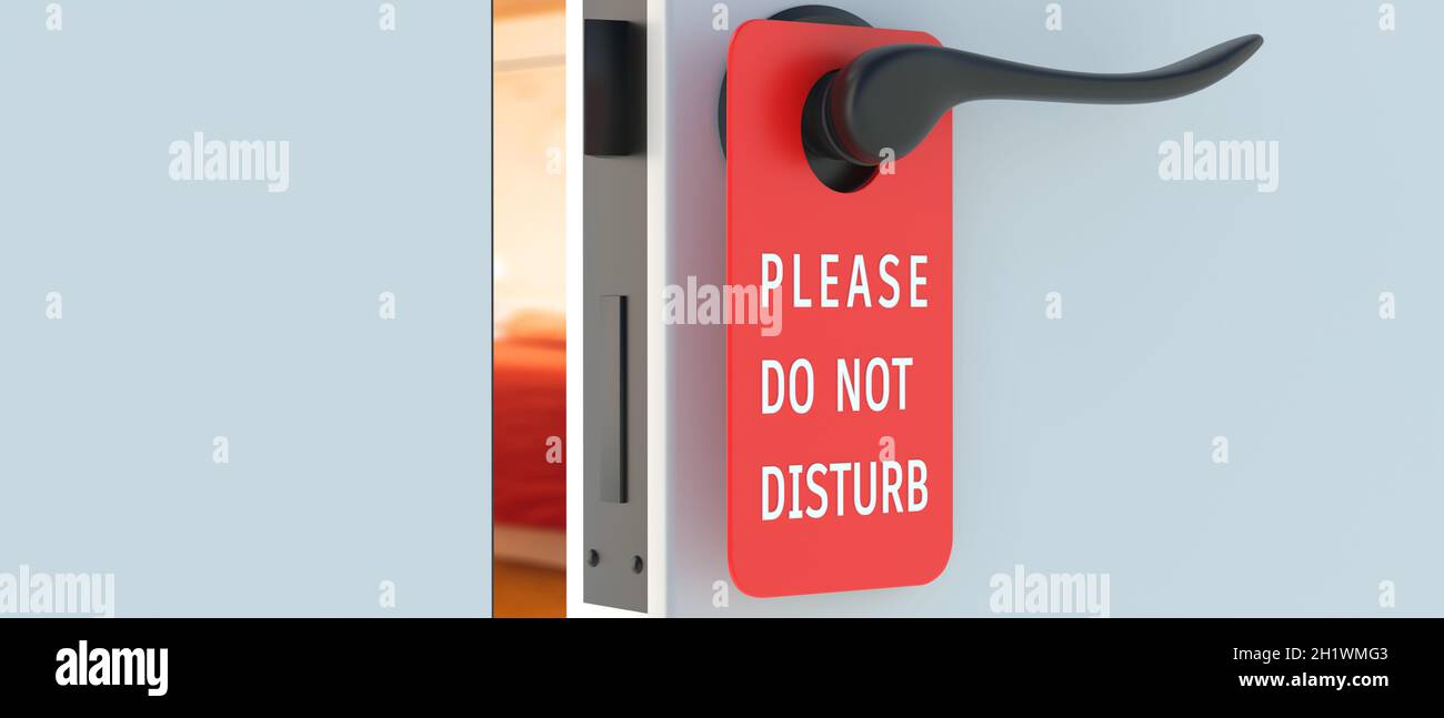 Do not disturb text sign, hotel room hanger. Red label on motel door ...