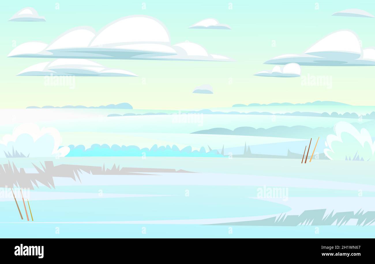 Winter glade. Rural landscape with cold white snow and drifts ...