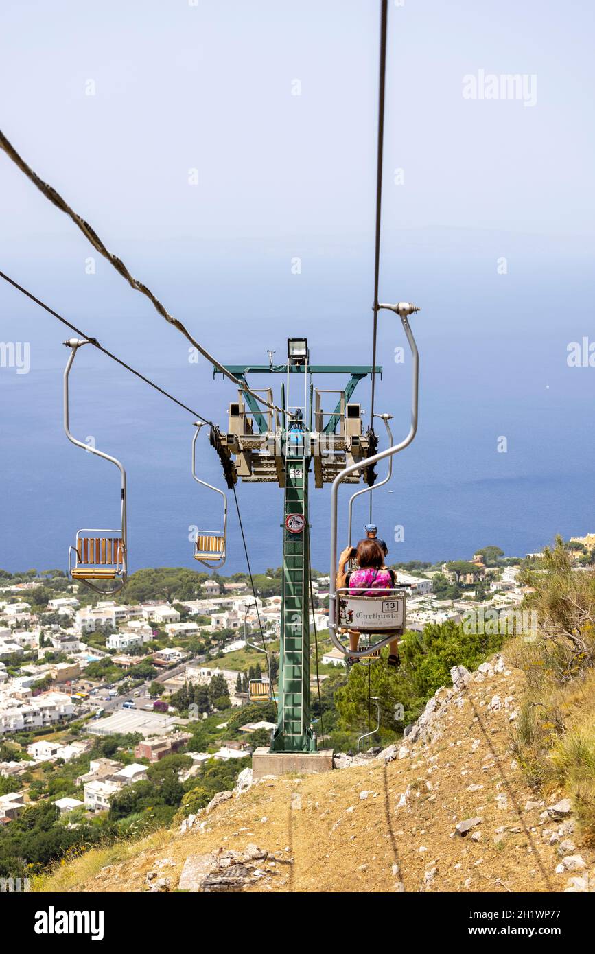 Capri Island, Italy - June 28, 2021: Chairlift to Monte Solaro, view of ...