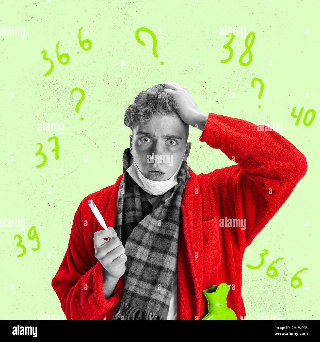 Contemporary art collage of sick boy with shocked expression, in scarf ...