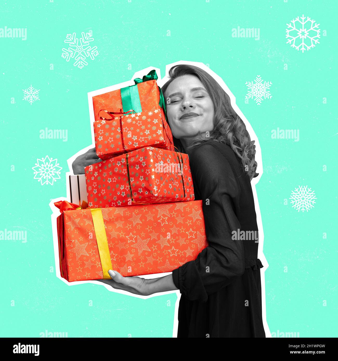 Contemporary art collage of young woman holding present boxes with ...