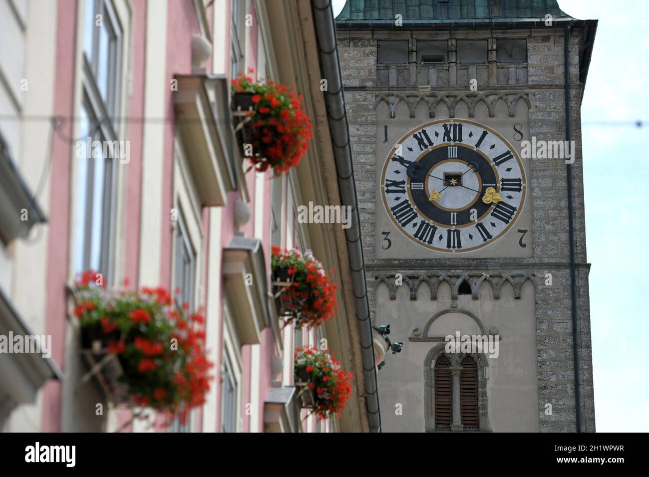 Stadtturm und Stadtplatz von Enns, Oberösterreich, Österreich, Europa ...