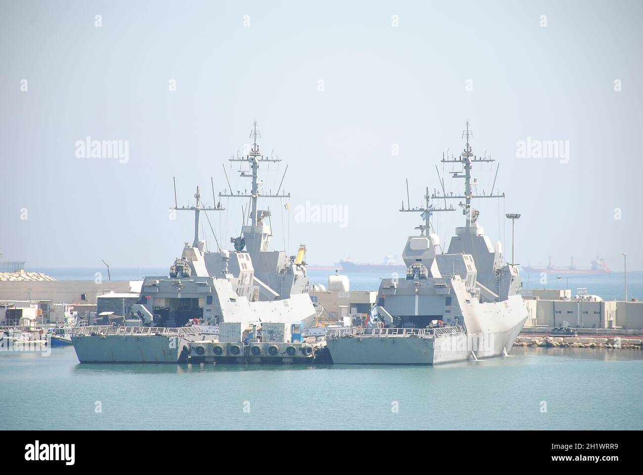 Israeli battle ships in harbor of Haifa. Two Sa'ar 5 class missile ...