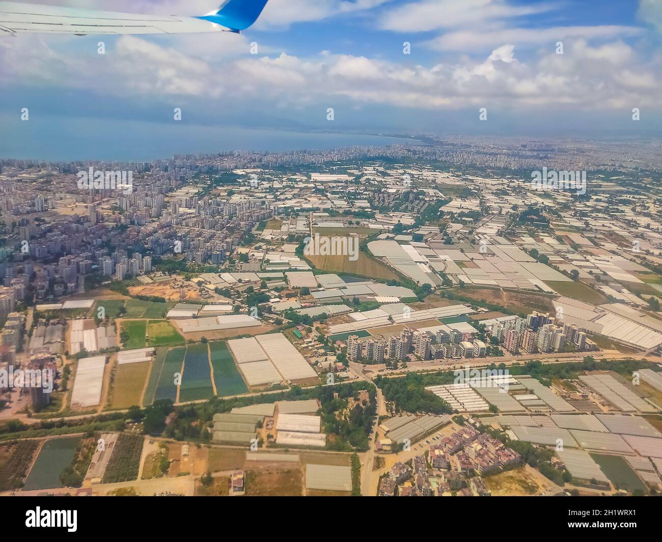 Aerial view of Antalya from the aircraft board during landing, Turkey ...