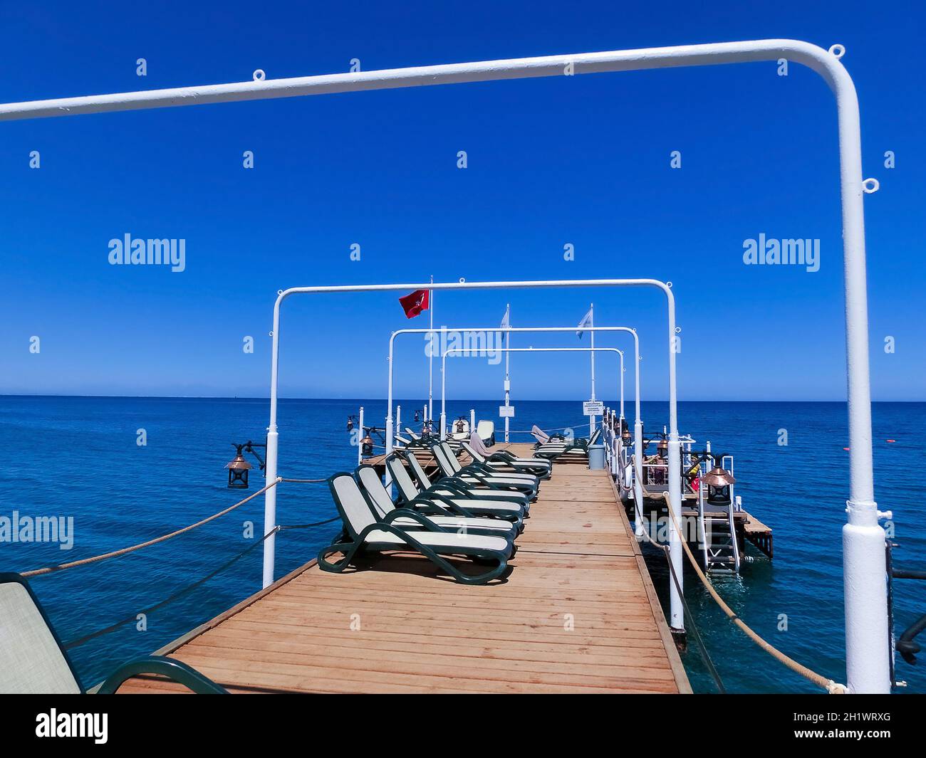 Panorama of pier at beach at first line at Kemer, Antalya, Turkey Stock ...