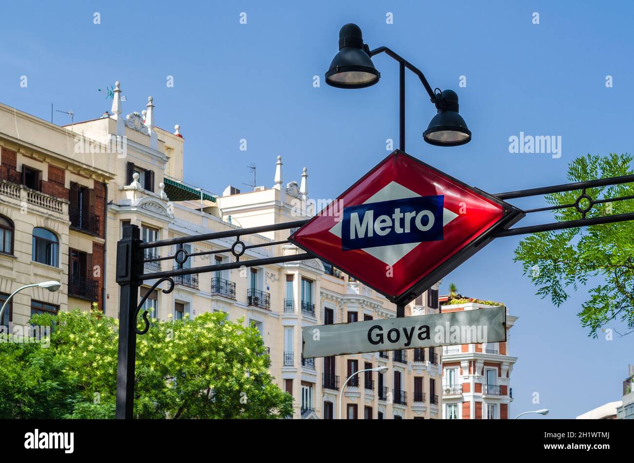 MADRID, SPAIN – JULY 23, 2021: Madrid Metro sign at Goya subway station ...
