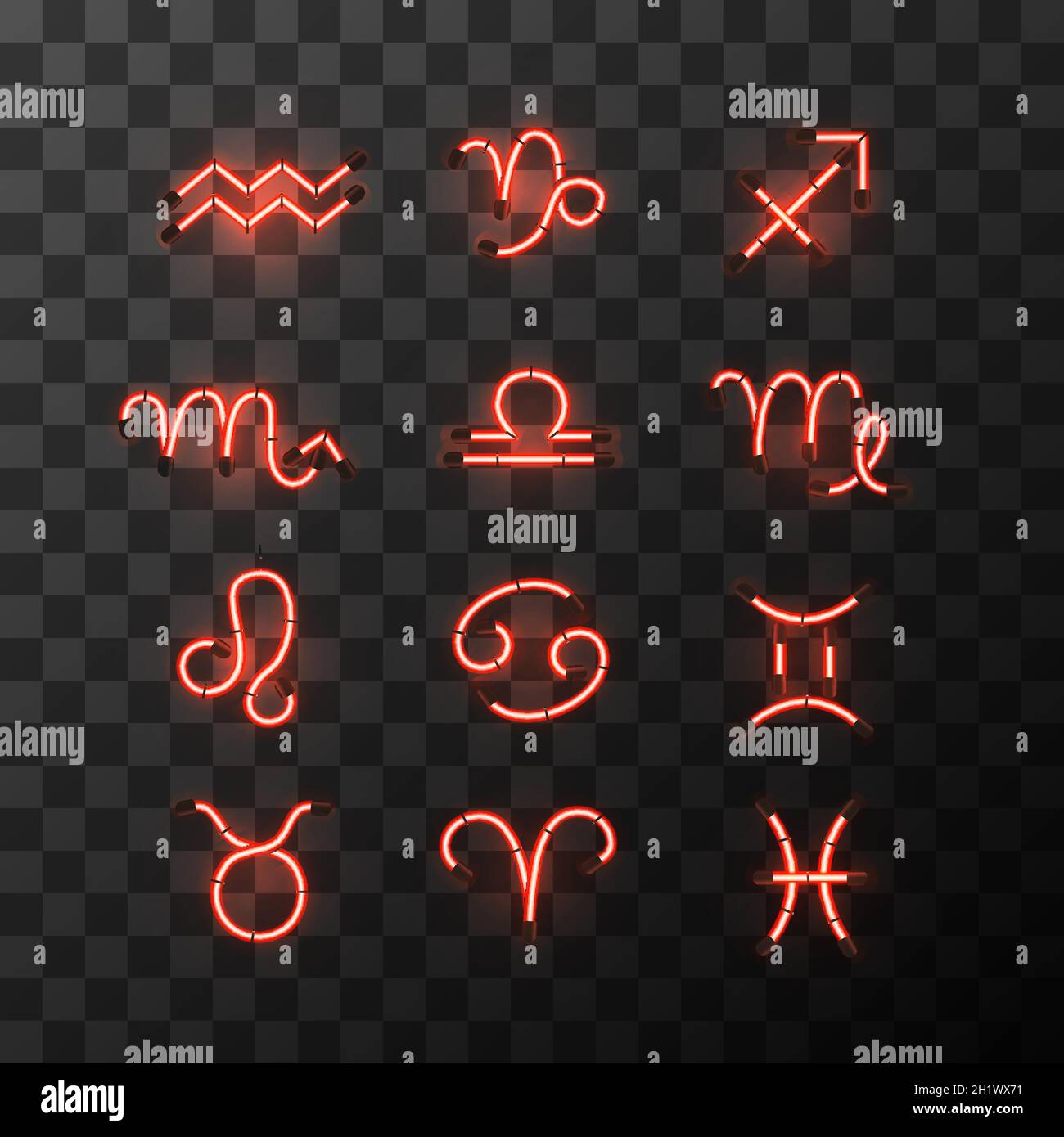 Set of bright red neon zodiac signs, star signs for astrology horoscope on transparent ...