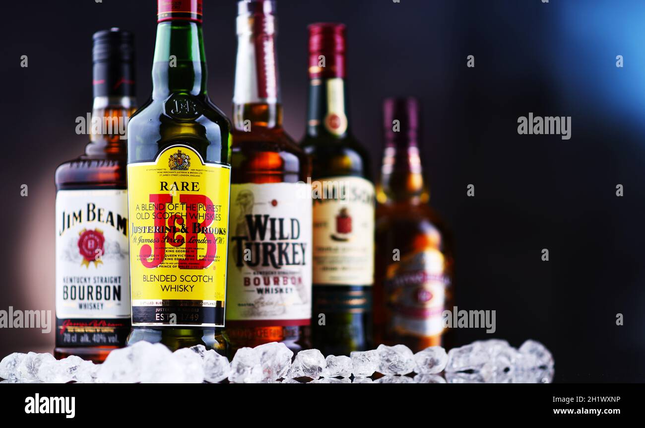 POZNAN, POL - MAY 12, 2021: Bottles of popular global whiskey brands ...
