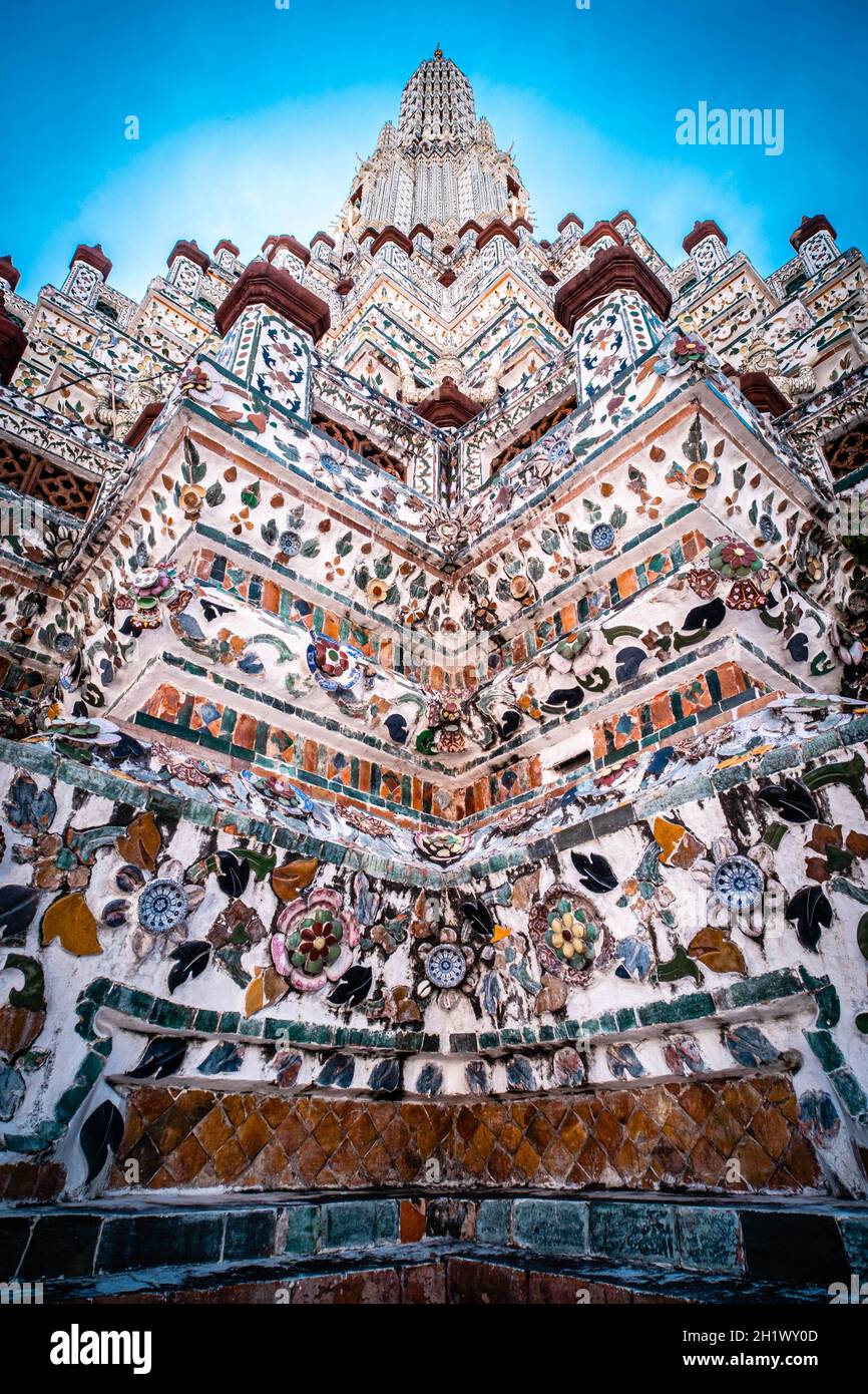 Wat Arun temple Colorful tiles floral pattern Mosaic on Pagoda Landmark ...