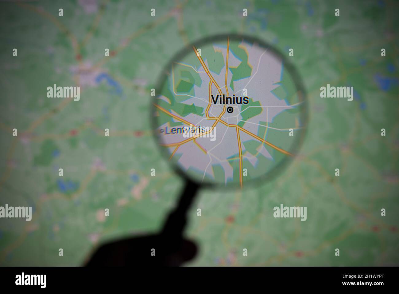 view of the city of Vilnius, capital of Lithuania, through a magnifying ...