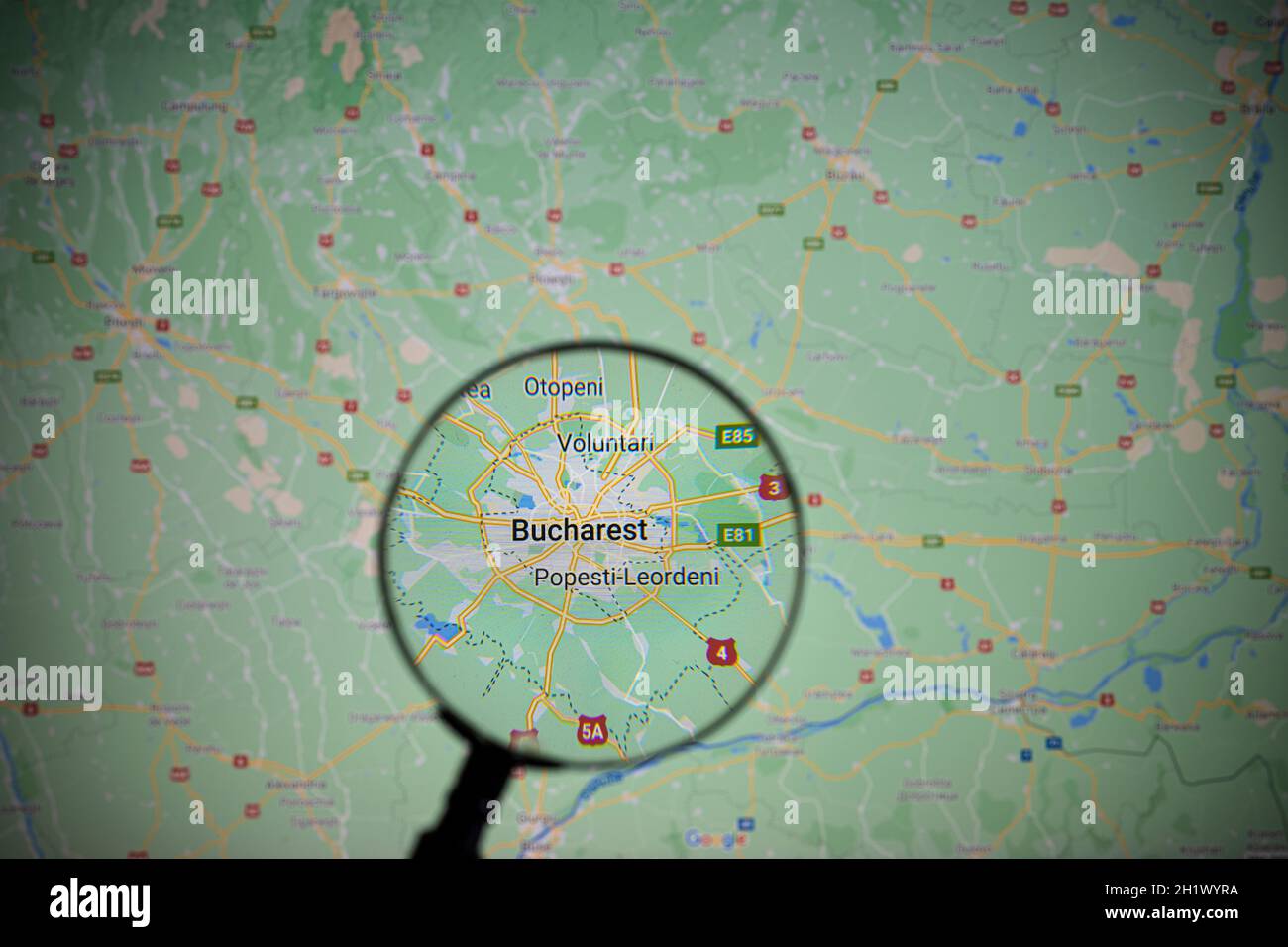 view of the city of Bucharest, capital of Romania, through a magnifying ...