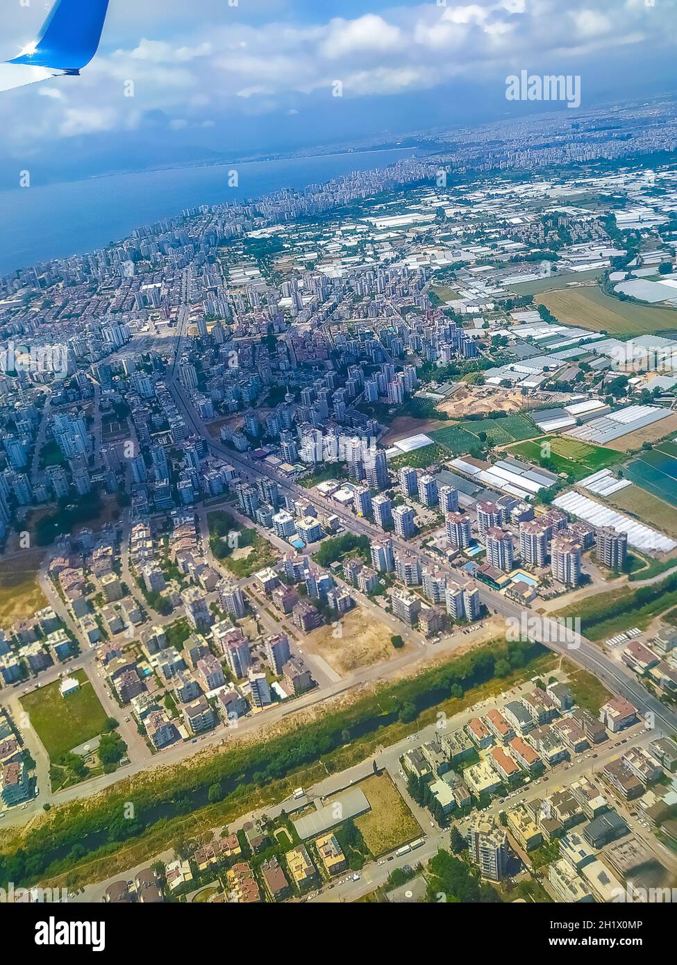 Aerial view of Antalya from the aircraft board during landing, Turkey ...