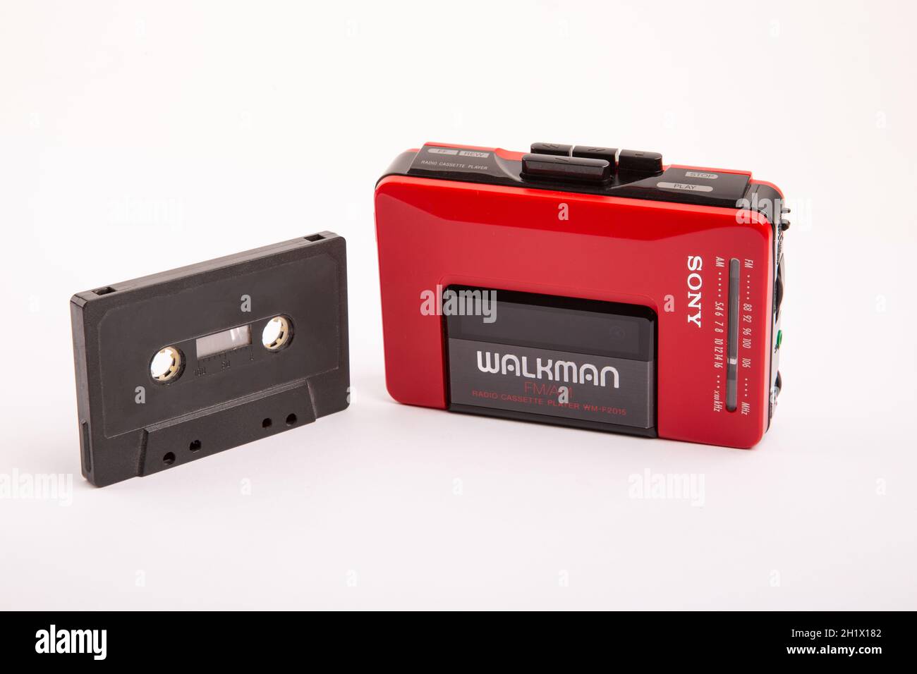 HUETTENBERG, GERMANY - 2021-04-07: Beautiful red vintage SONY WALKMAN ...