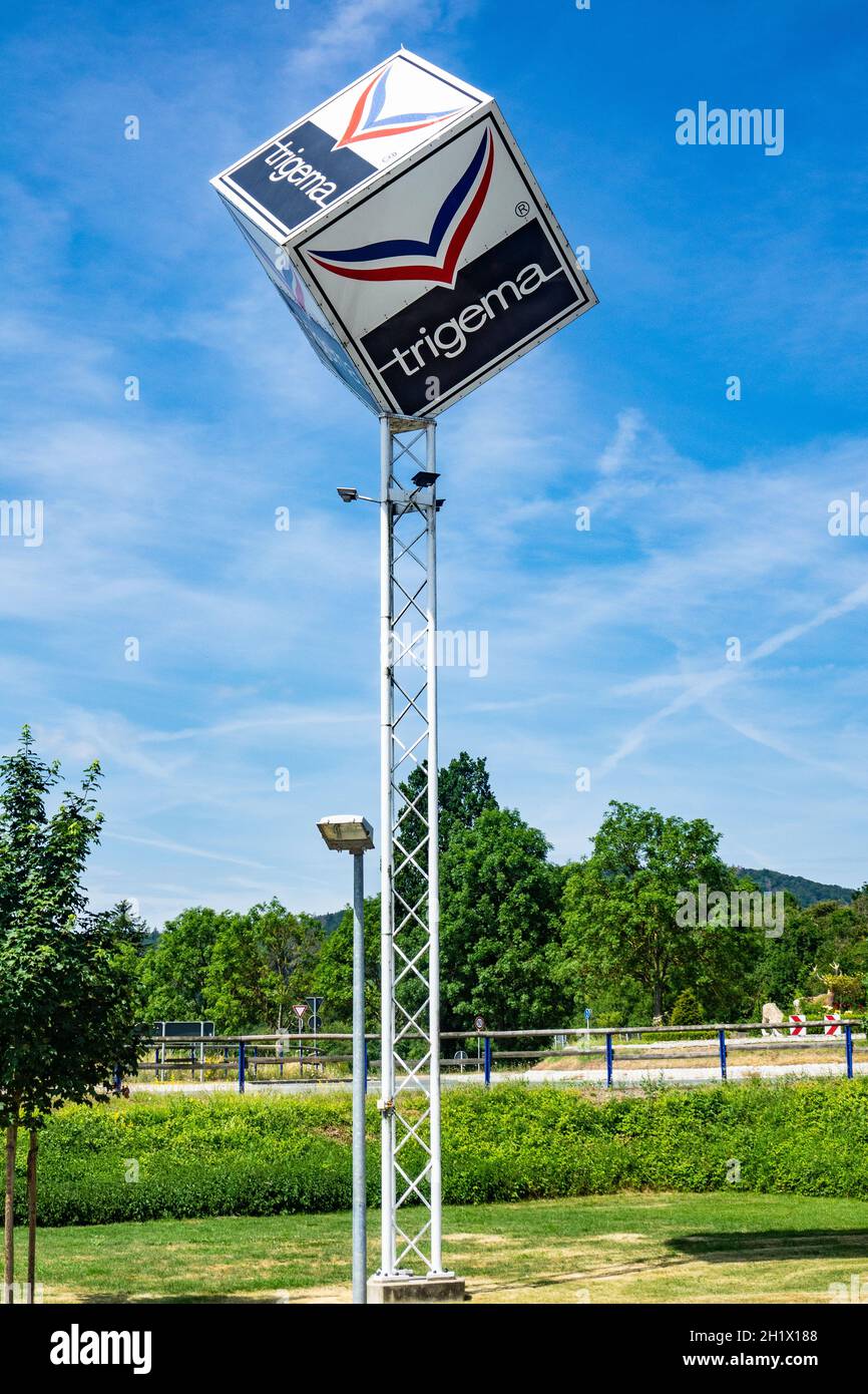KIRCHHEIM, GERMANY -2019-07-10: TRIGEMA Logo Advertisement. TRIGEMA was ...