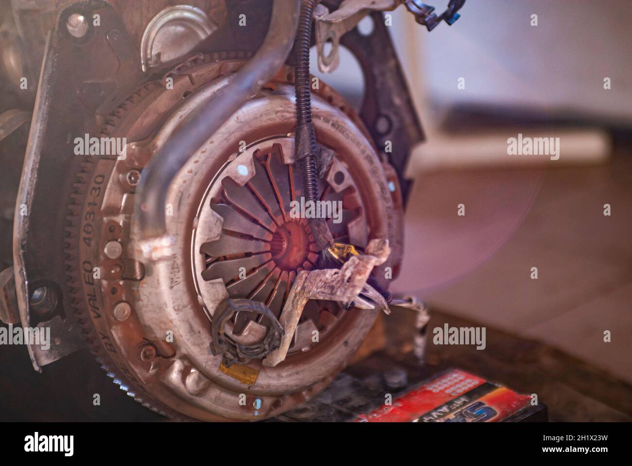 Detail of old clutch car engine in a workshop Stock Photo - Alamy