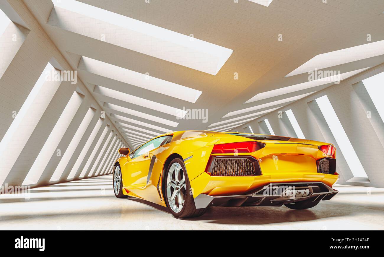 sports car in abstract tunnel in concrete. seen from behind. 3d render ...