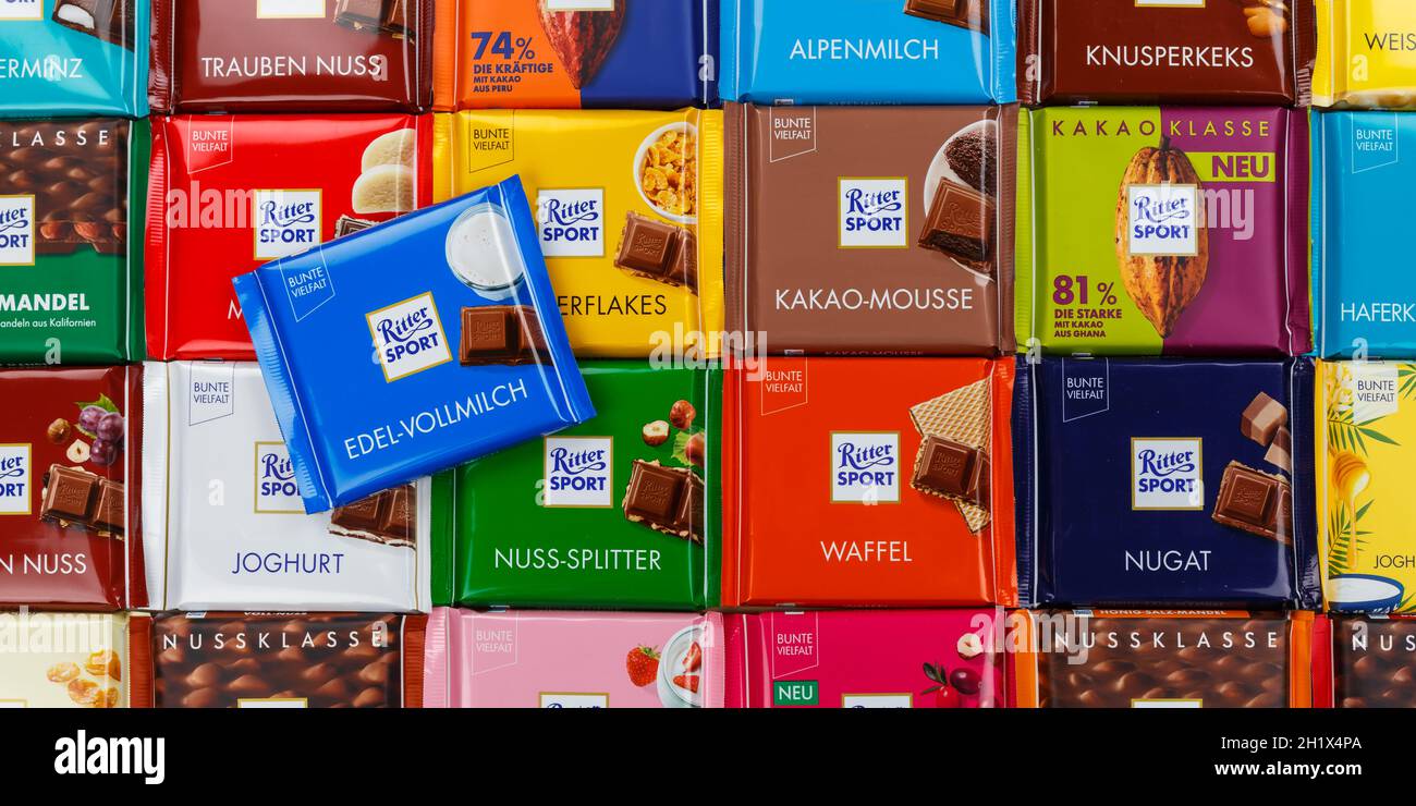 Stuttgart, Germany - March 1, 2021: Ritter Sport chocolate chocolates ...