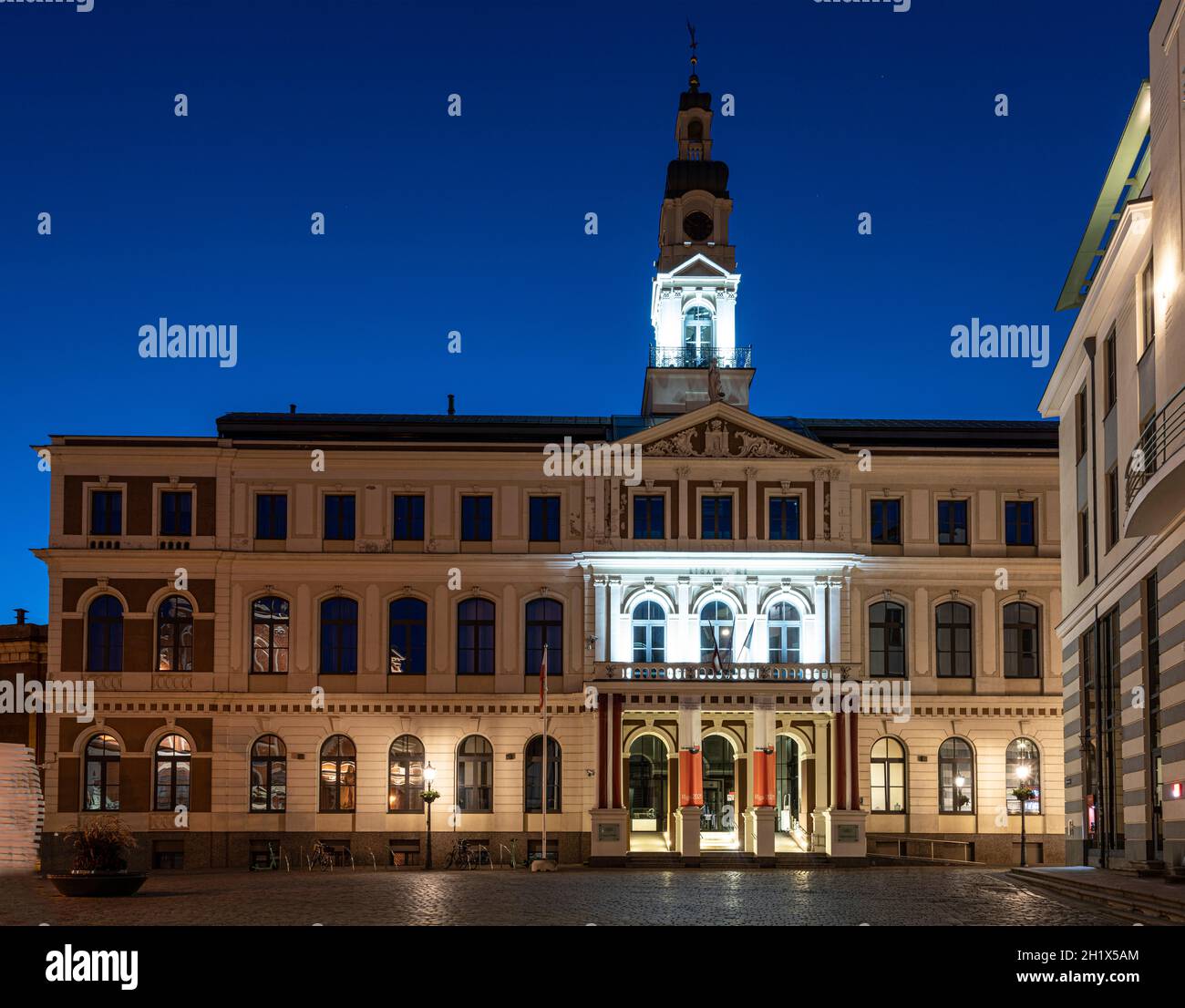 Riga, Latvia. August 2021. Exterior evening view of the Riga City Hall ...