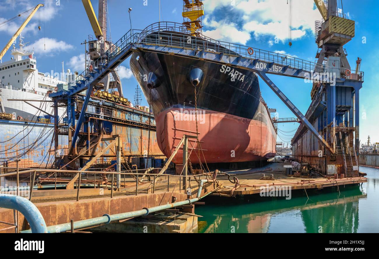 Chernomorsk, Ukraine. 21.03.2021. Large ship in dry dock of the ...