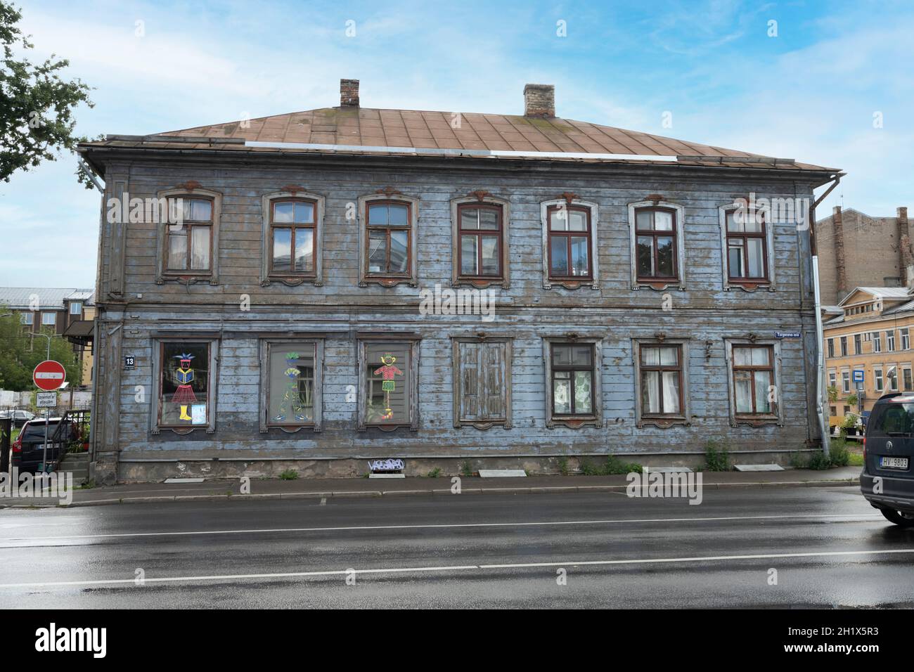 Riga, Latvia. August 2021. View of the typical wooden houses in the ...