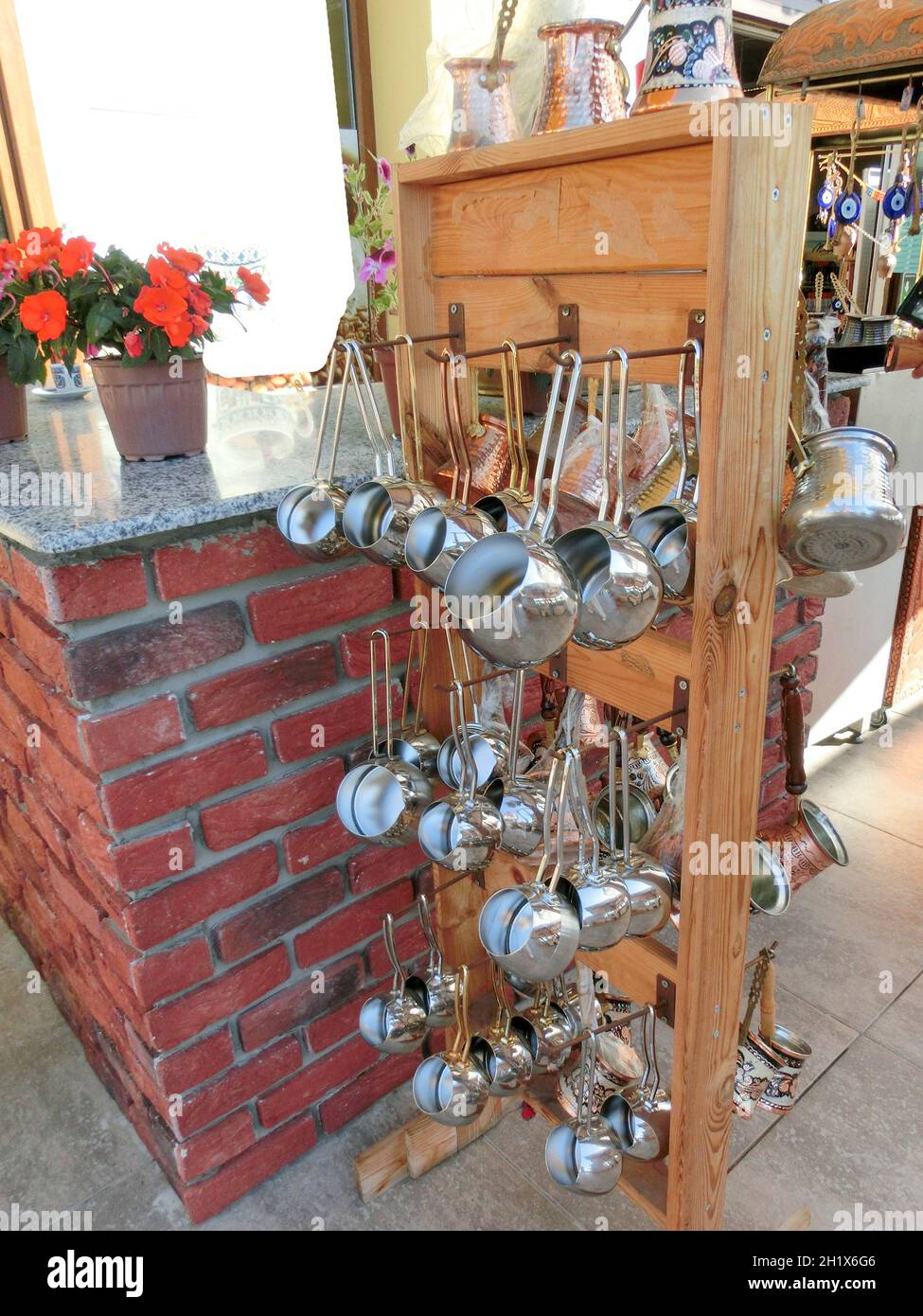 Traditional Turkish Turks for making coffee at the Turkish market in ...