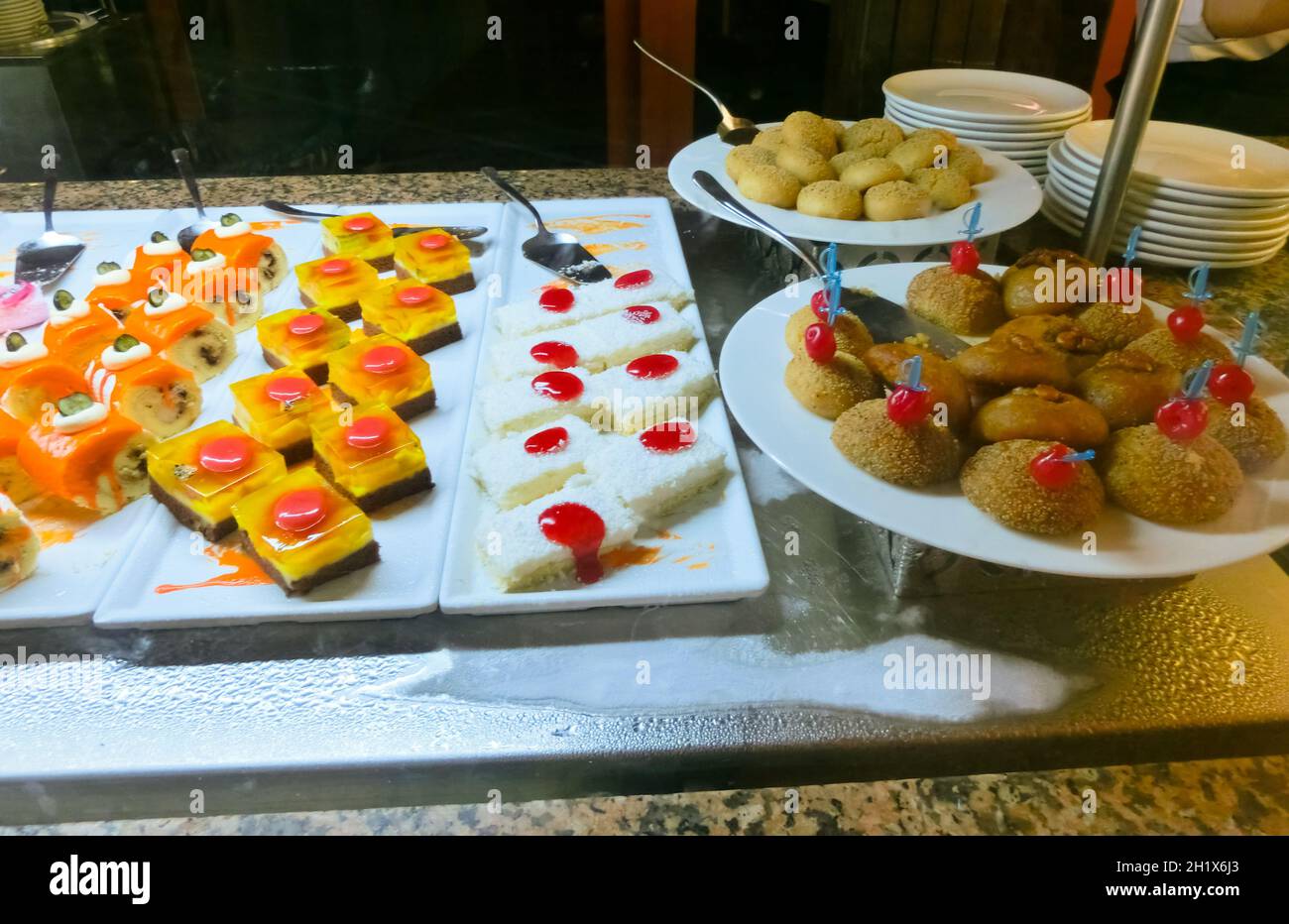 Food on the shelves in the self-service buffet with all inclusive in ...