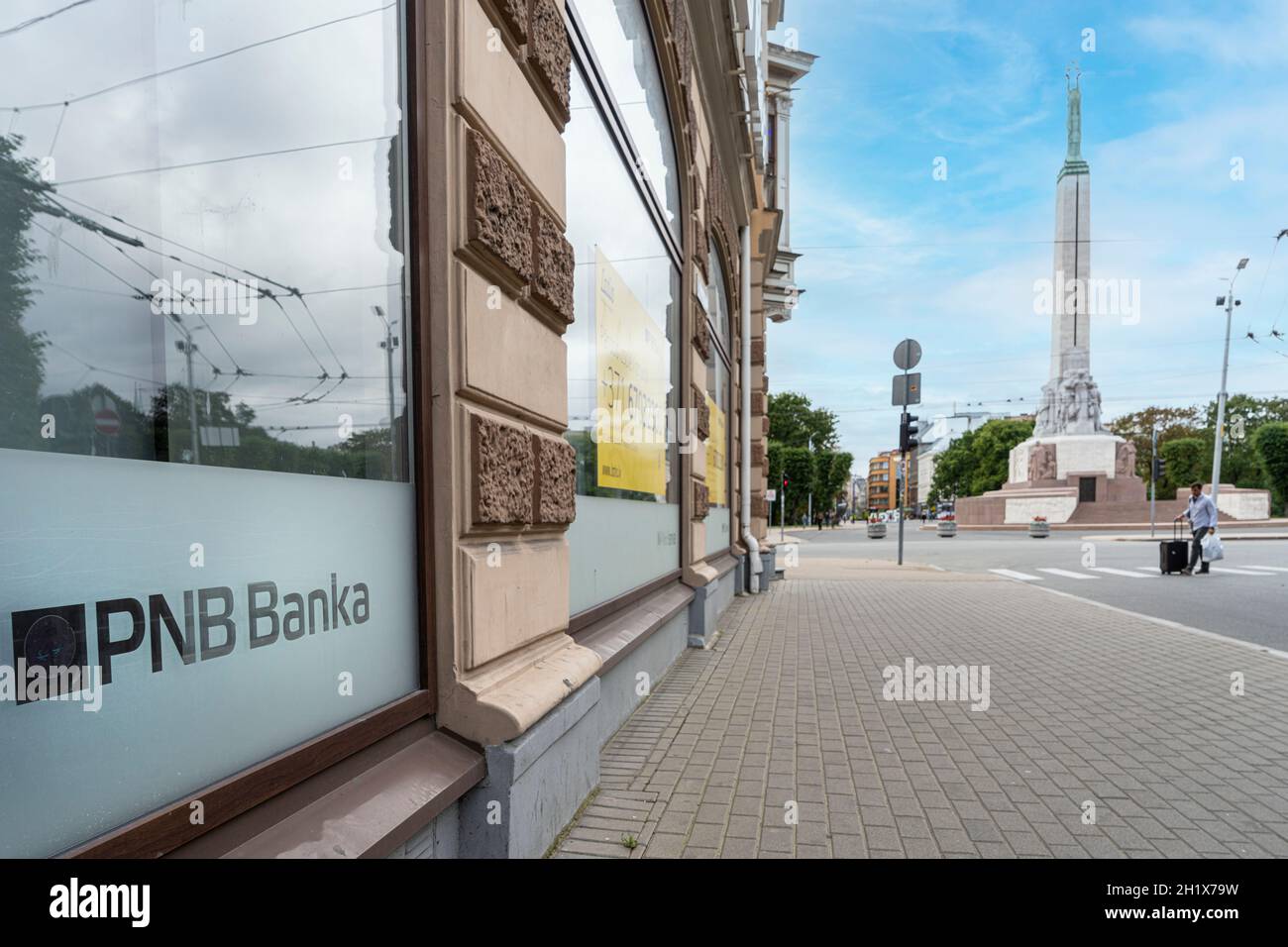 Riga, Latvia. August 2021. The showcase of the branch of the PNB bank ...