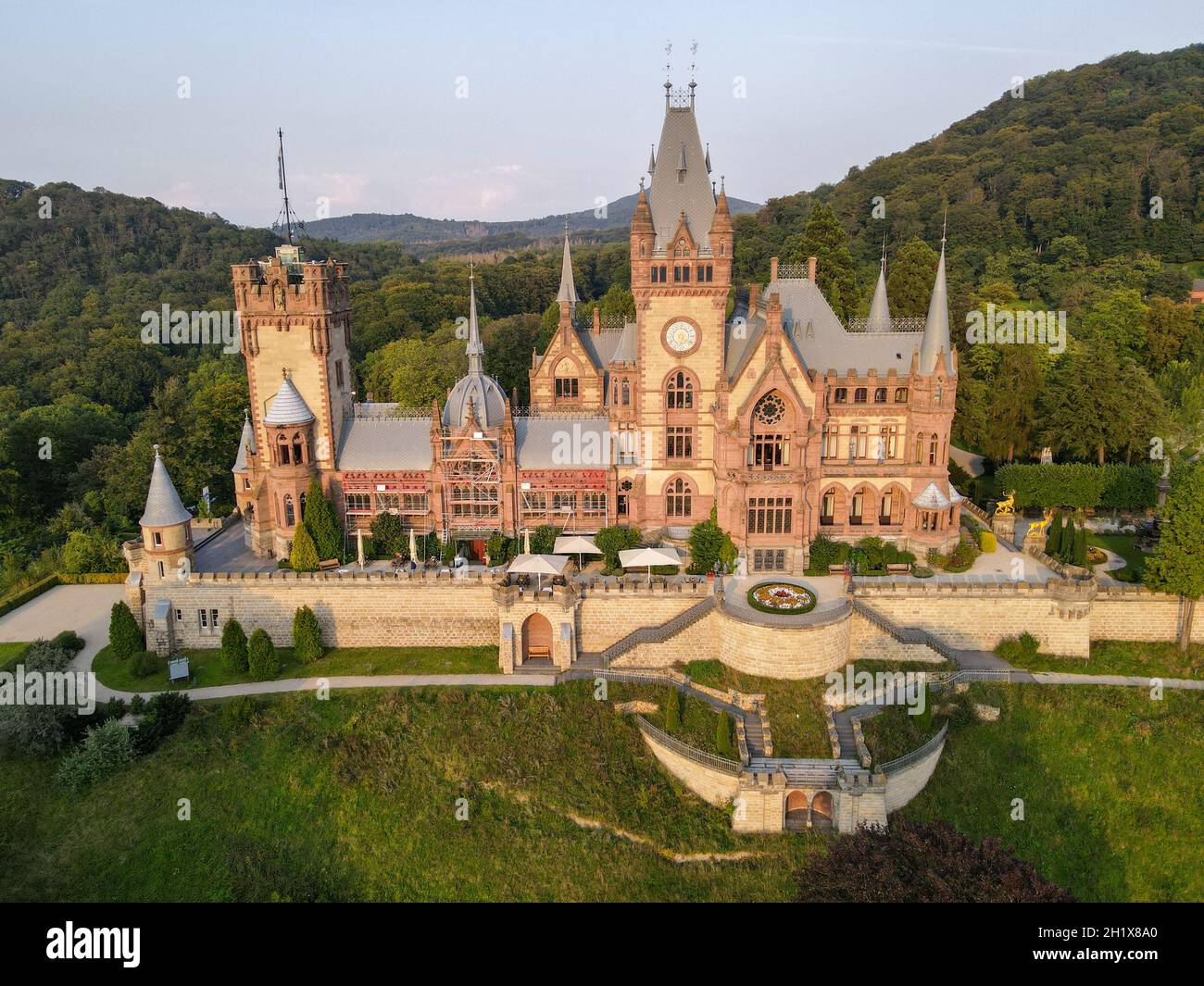 Drone view at Drachenburg castle over Königswinter on Germany Stock ...