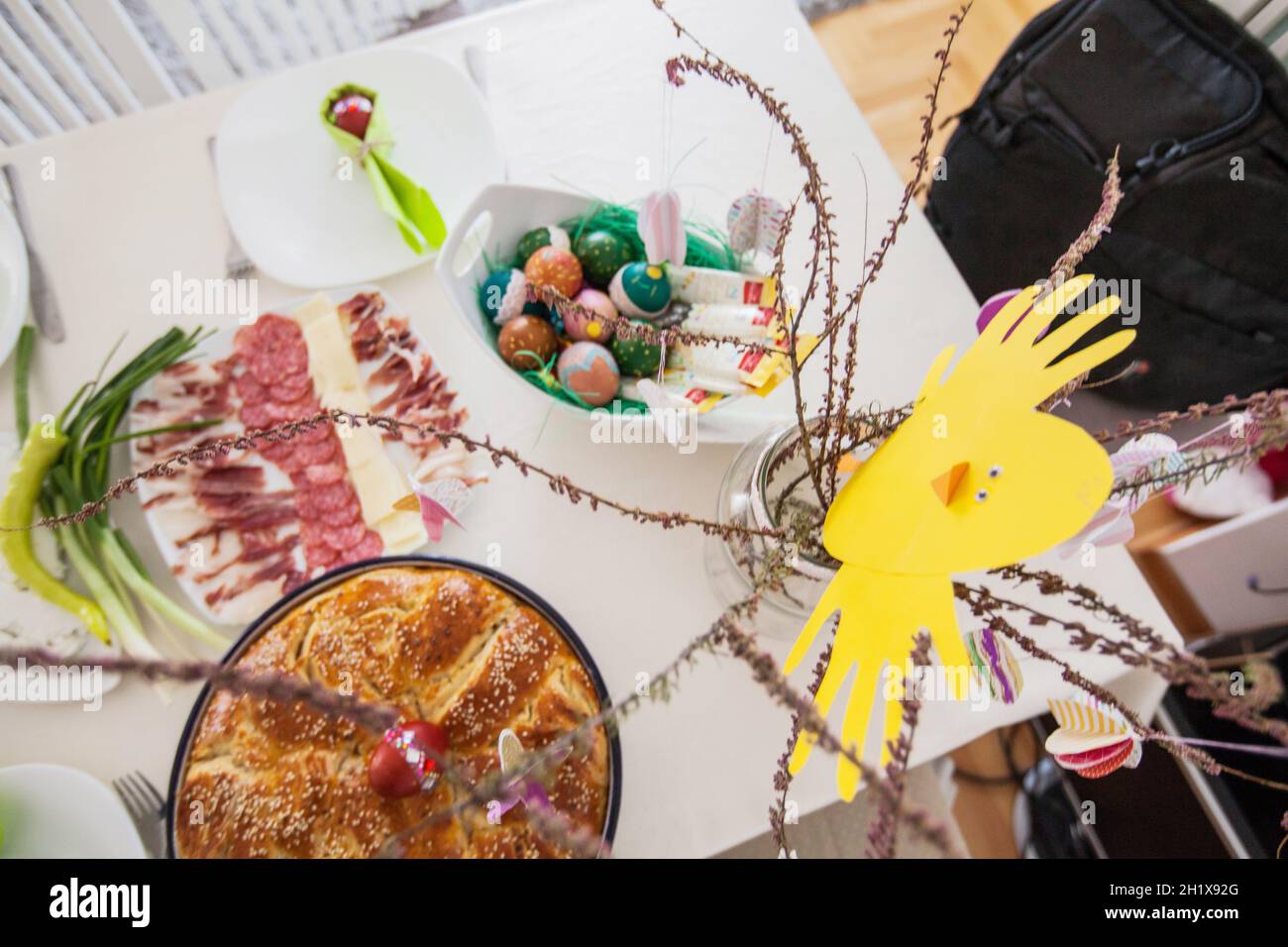Traditional food serving on table, Eastern orthodox Easter day at home ...