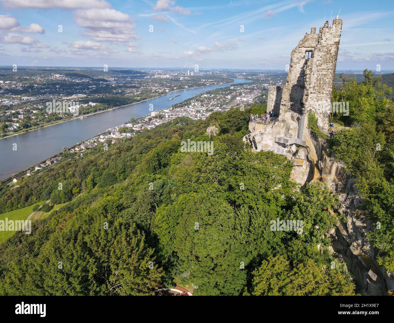 Drone view at Drachenfels ruin over Königswinter on Germany Stock Photo ...