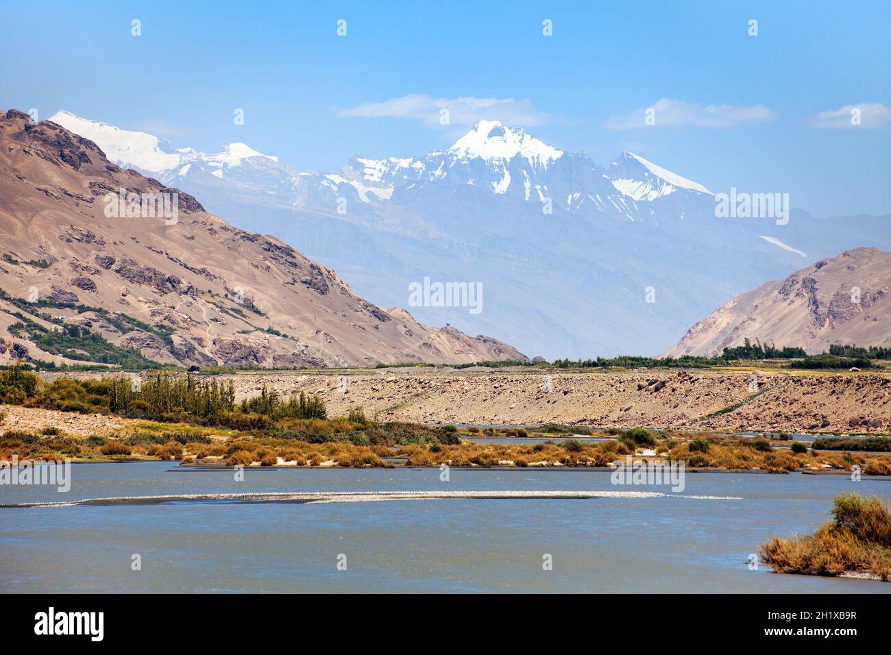 Panj river and Karl Marx Peak. Panj is upper part of Amu Darya river ...
