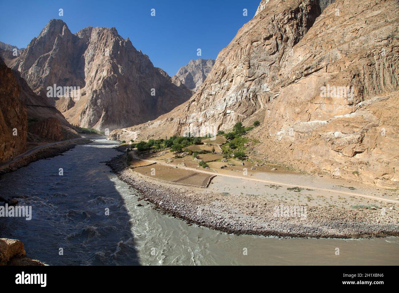 Pamir highway M41 international road or pamirskij trakt. Panj river and ...