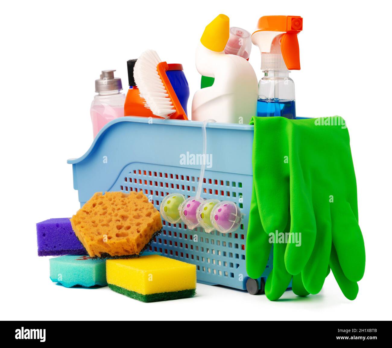 Cleaning items in basket isolated on white background Stock Photo - Alamy