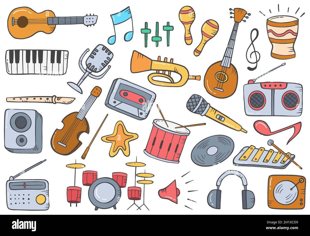 music industry concept doodle hand drawn set collections with flat ...