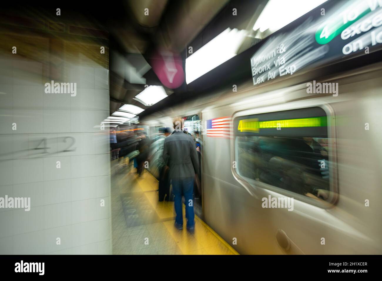 New York City subway train system in Manhattan in USA (slow shutter ...