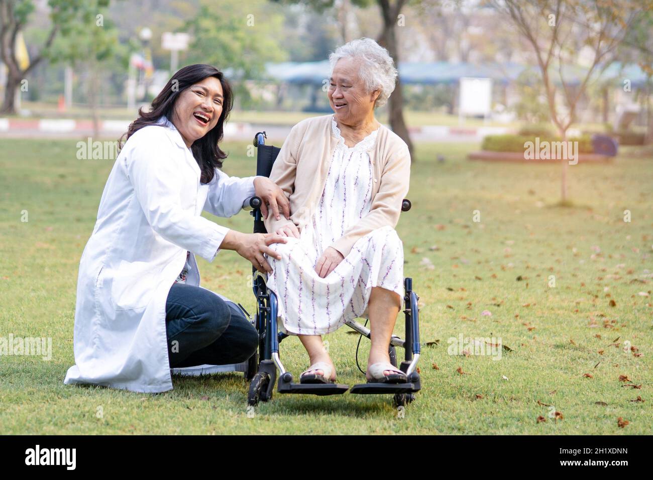 Doctor help and care Asian senior or elderly old lady woman patient sitting on wheelchair at ...
