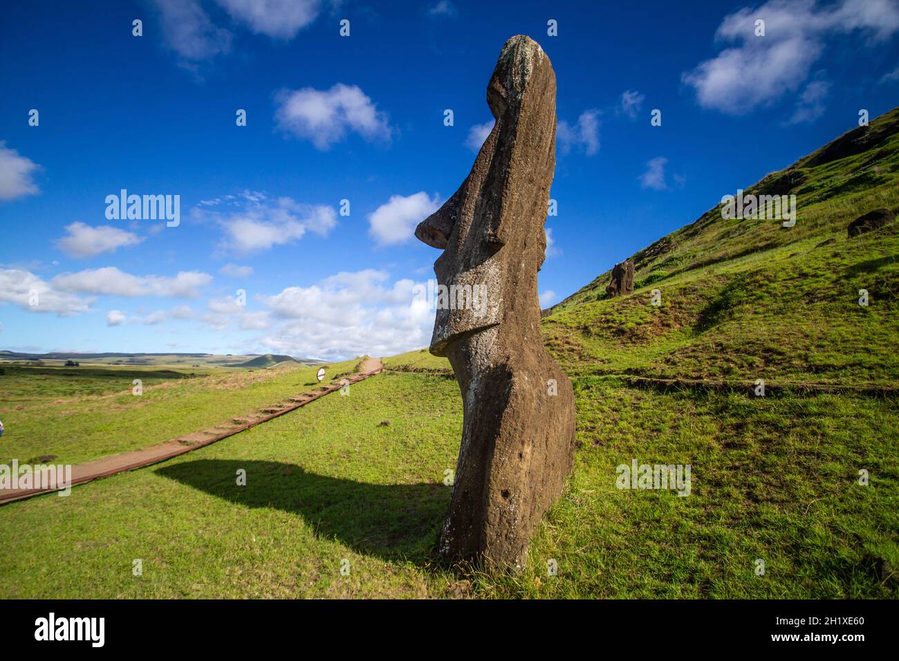 Moai stone sculptures at Rano Raraku, Easter island, Chile Stock Photo ...