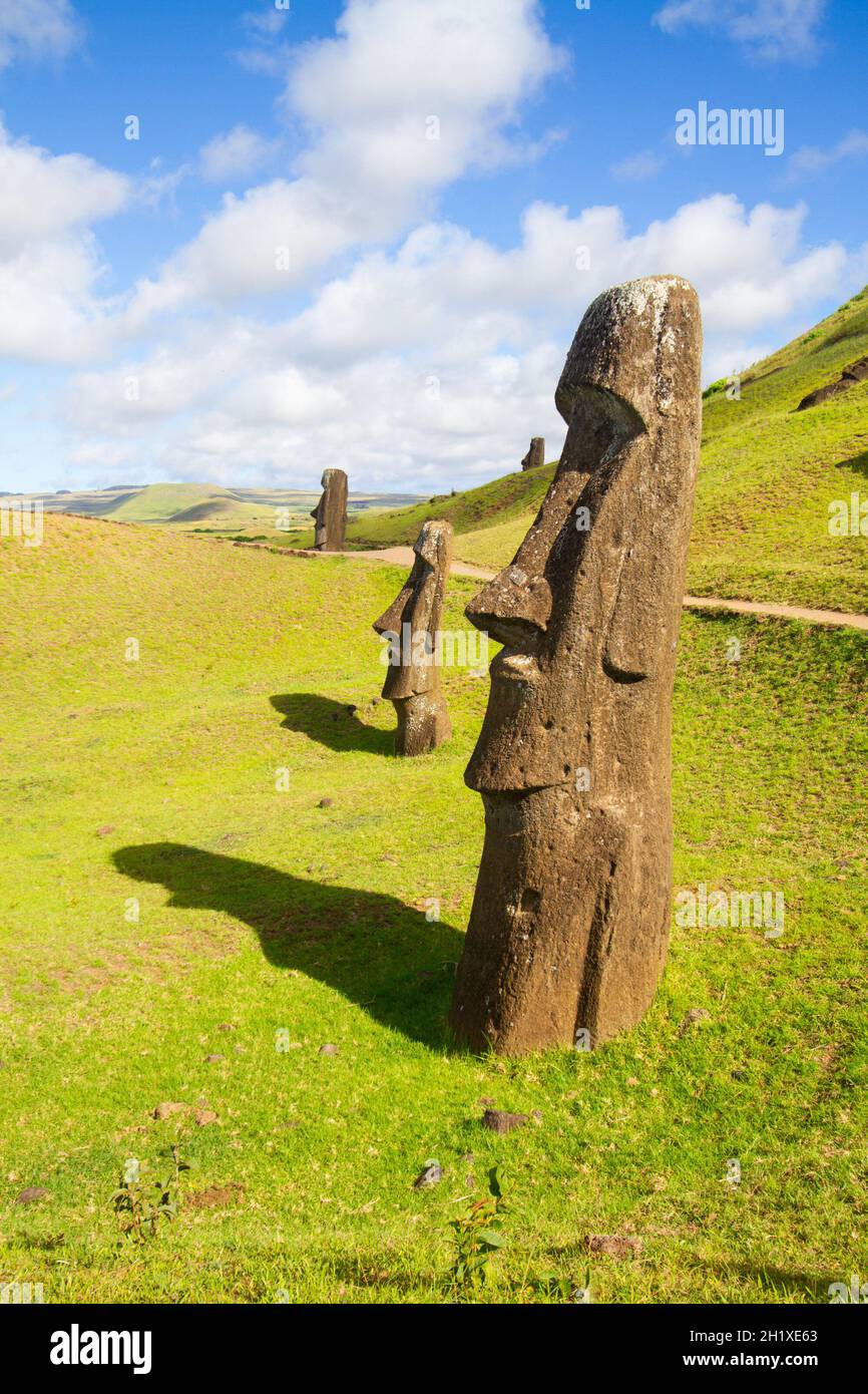 Moai stone sculptures at Rano Raraku, Easter island, Chile Stock Photo ...
