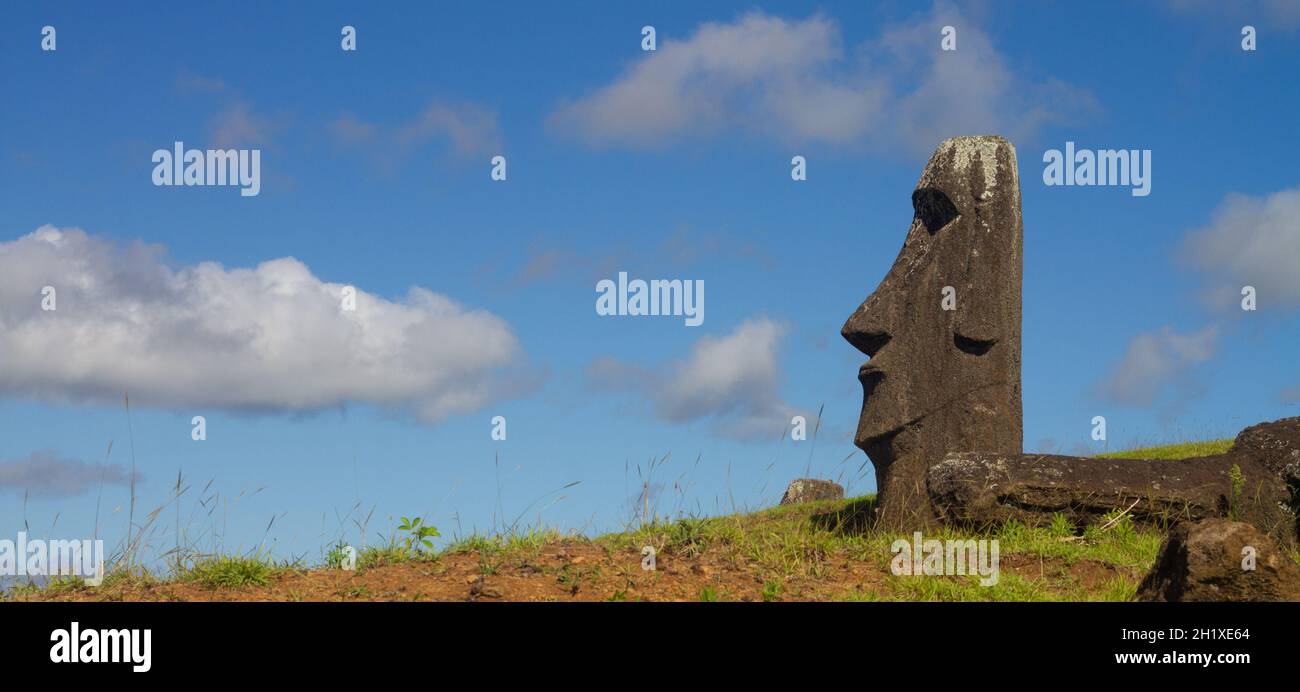 Moai stone sculptures at Rano Raraku, Easter island, Chile Stock Photo ...