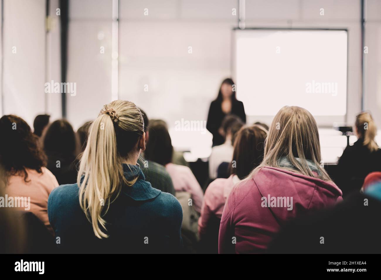 Speaker giving presentation in lecture hall at university. Participants ...