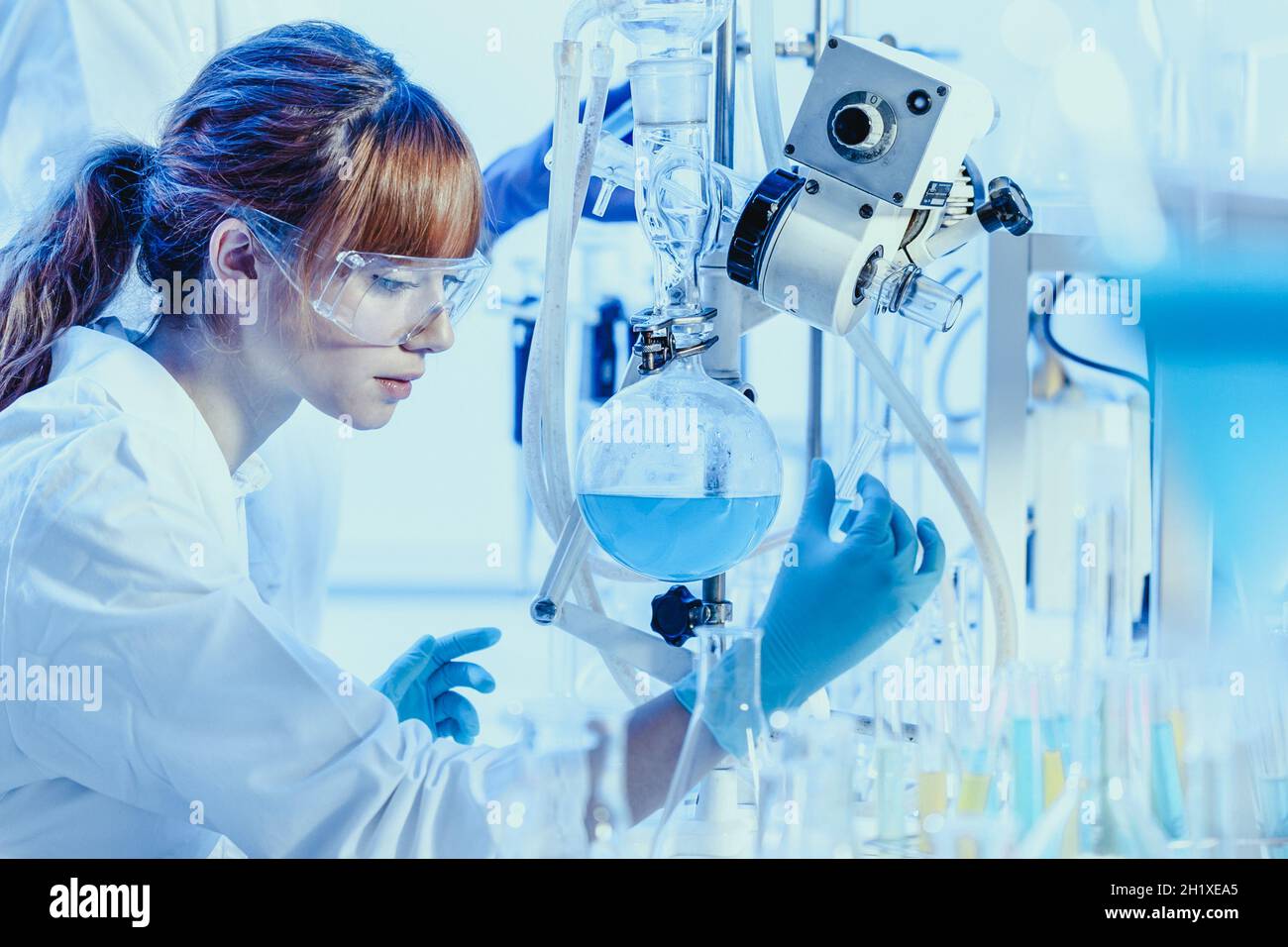 Chemical laboratory research. Attractive young PhD researcher student ...
