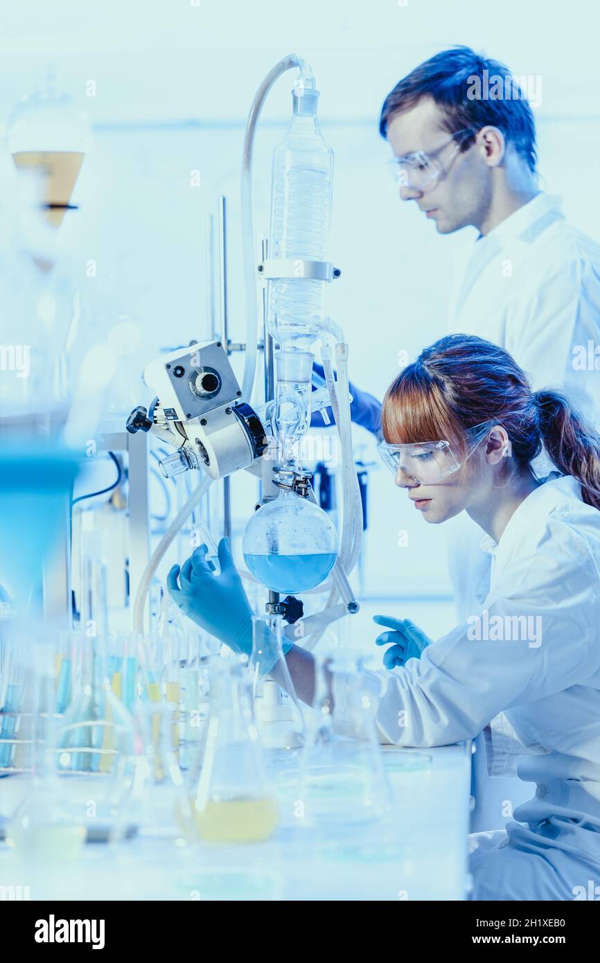 Attractive young scientist and her post doctoral supervisor looking at ...